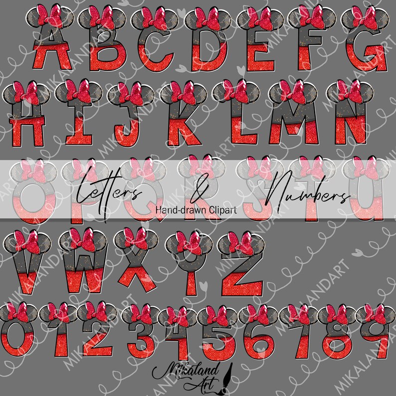 Minnie Mouse Alphabet Hand-drawn Clipart Letters and Numbers - Etsy
