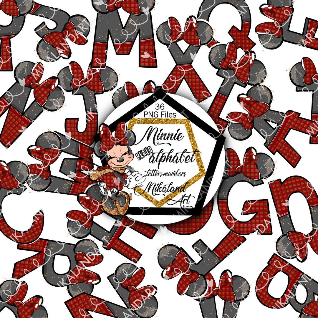 Minnie Mouse Plaid Alphabet Hand-drawn Clipart Letters and Numbers, Red ...