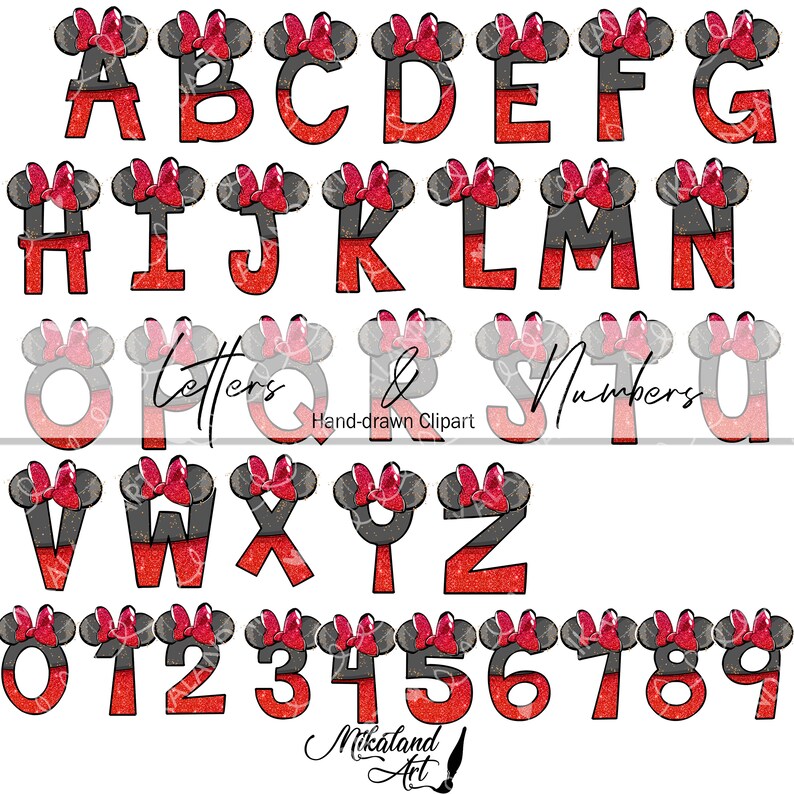 Minnie Mouse Alphabet Hand-drawn Clipart Letters and Numbers - Etsy