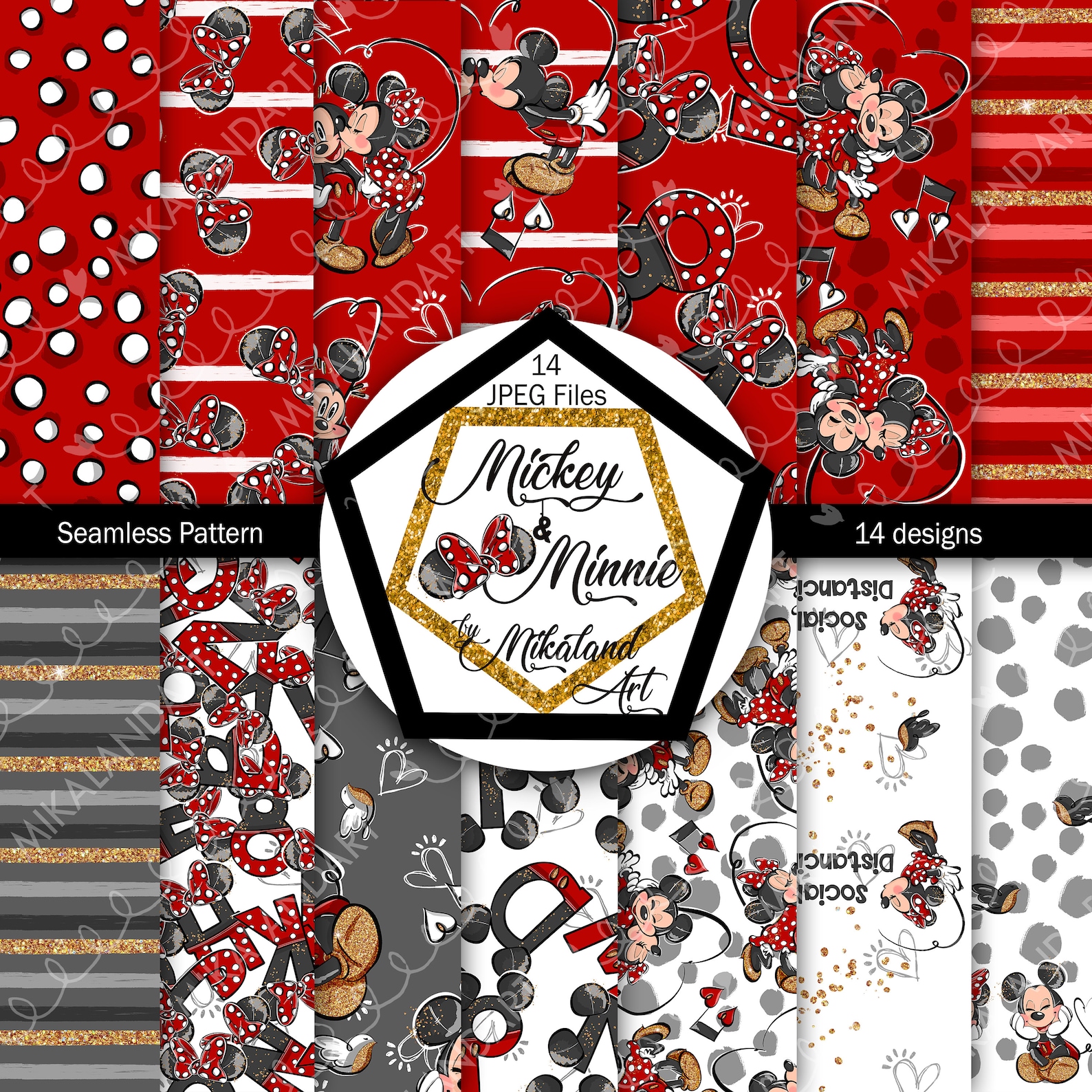 Mickey Minnie Mouse Seamless Pattern, Hand-drawn Files, Red Gold Grey ...