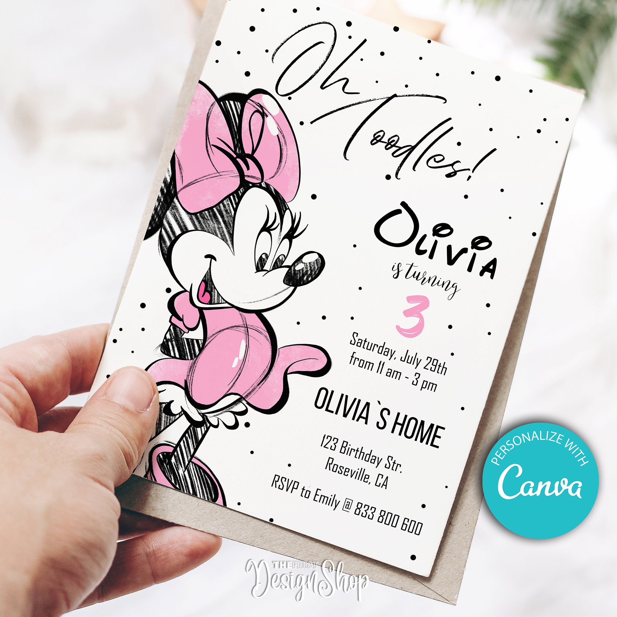Minnie Mouse Birthday Invitation, Minnie Mouse Pink Invite, Simple ...