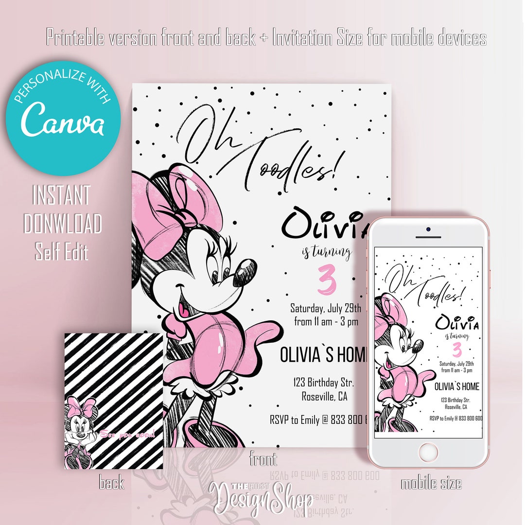Minnie Mouse Birthday Invitation, Minnie Mouse Pink Invite, Simple ...