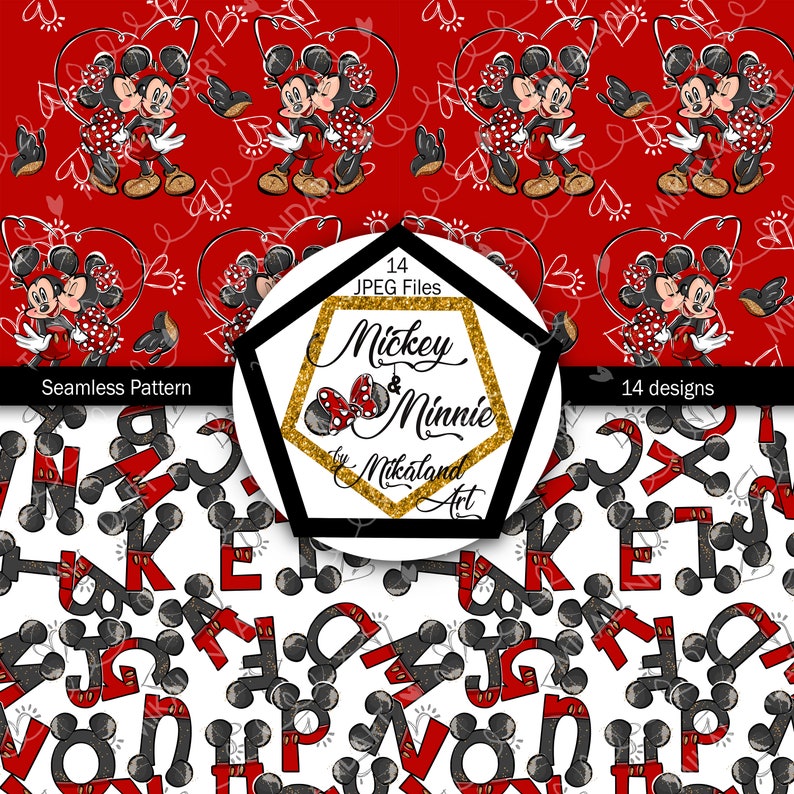 Mickey Minnie Mouse Seamless Pattern, Hand-drawn Files, Red Gold Grey ...