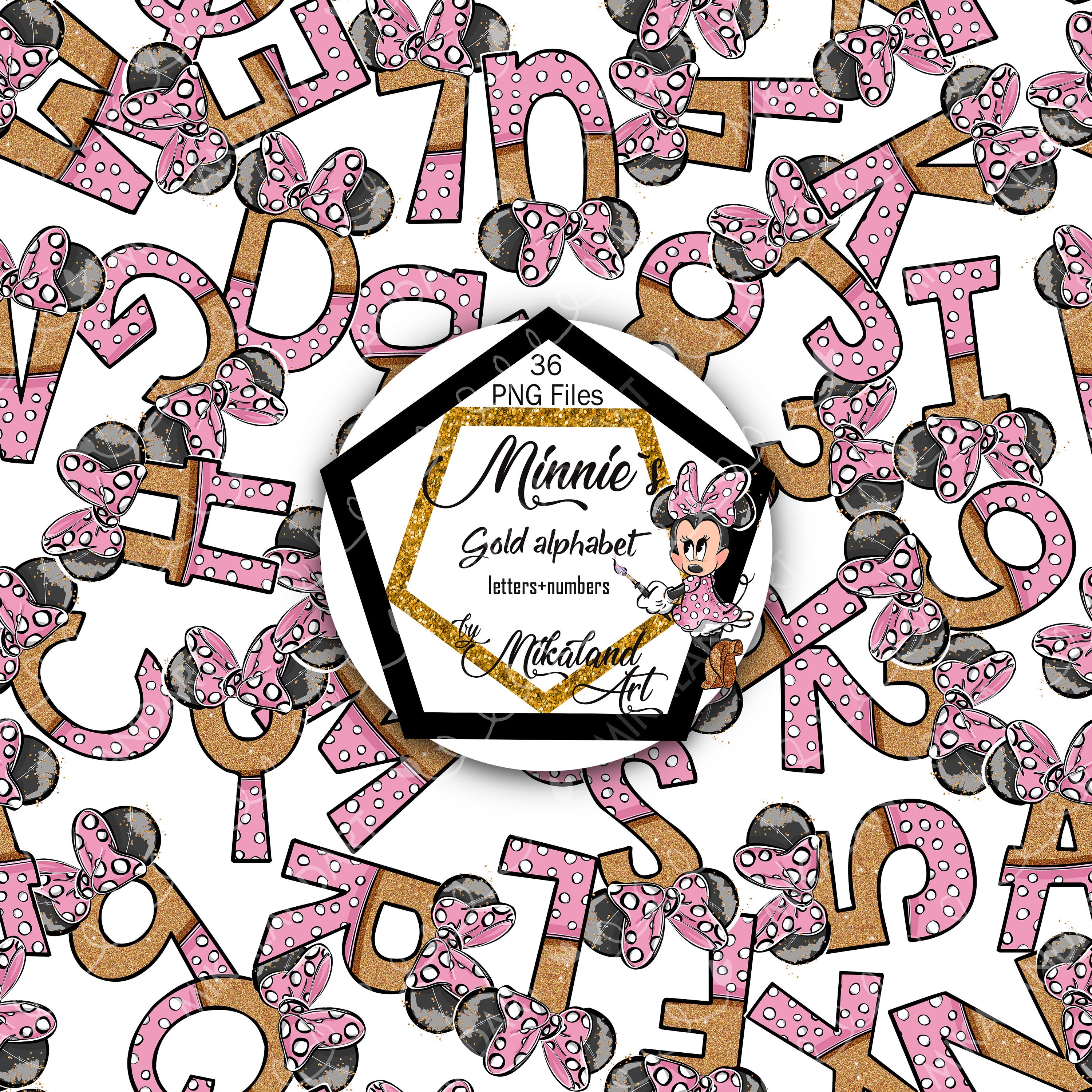 Minnie Mouse PINK&GOLD Alphabet Hand-drawn Clipart Letters and Numbers ...