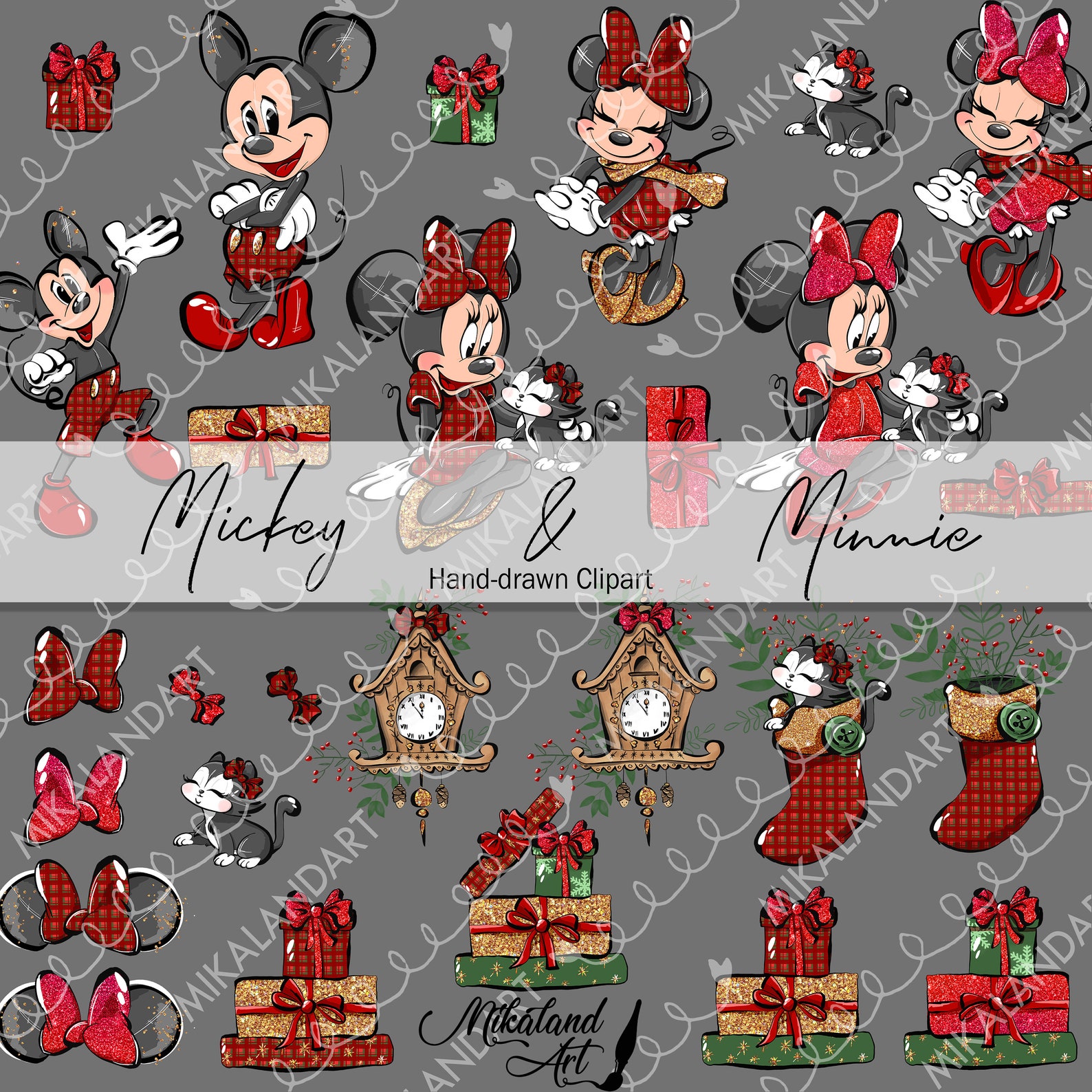 Mickey Minnie Mouse Hand-drawn PNG Files, Red Gold Green Glitter ...