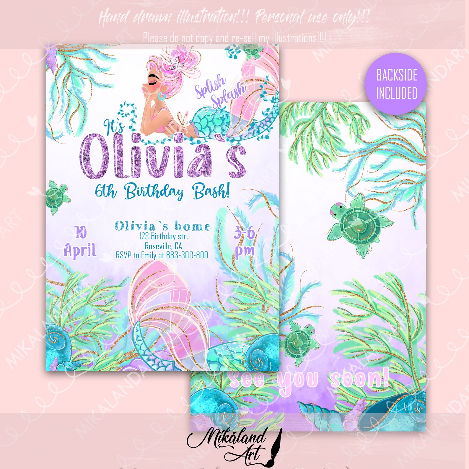 Mermaid Birthday Invitation, Digital, Peronalized, Printable, Mermaid ...