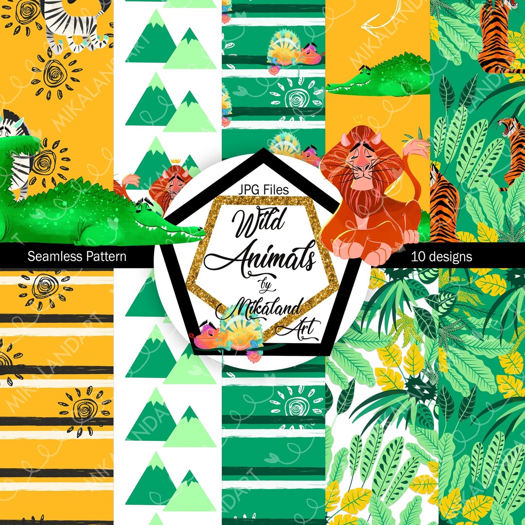 Wild Animal Seamless Pattern, Hand Drawn Digital Paper, Lion, Zebra ...