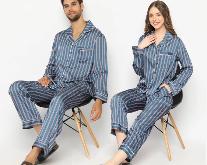 Couple Matching Pajamas Set Navy With Red Stripes silk-like Material - Etsy