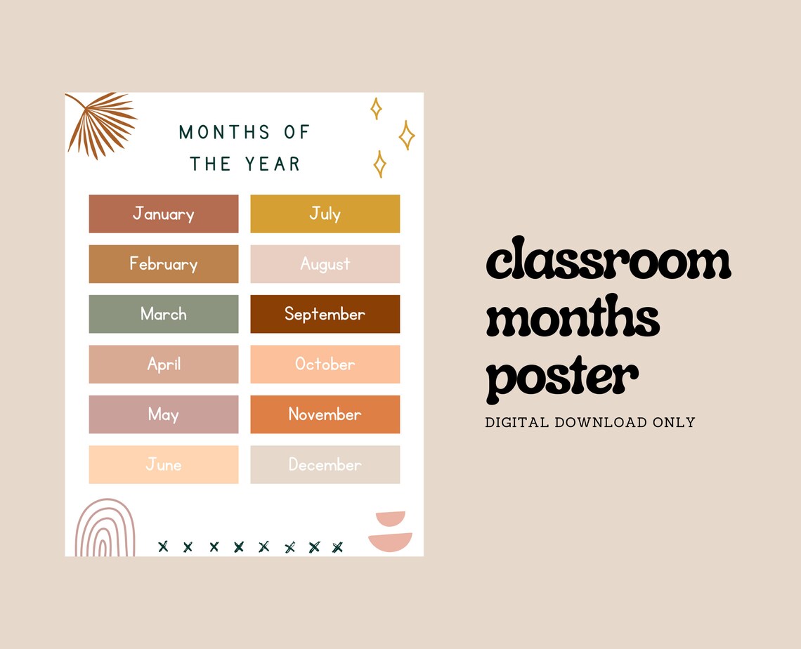 Digital Download Classroom Months of the Year Poster Boho Months of the ...
