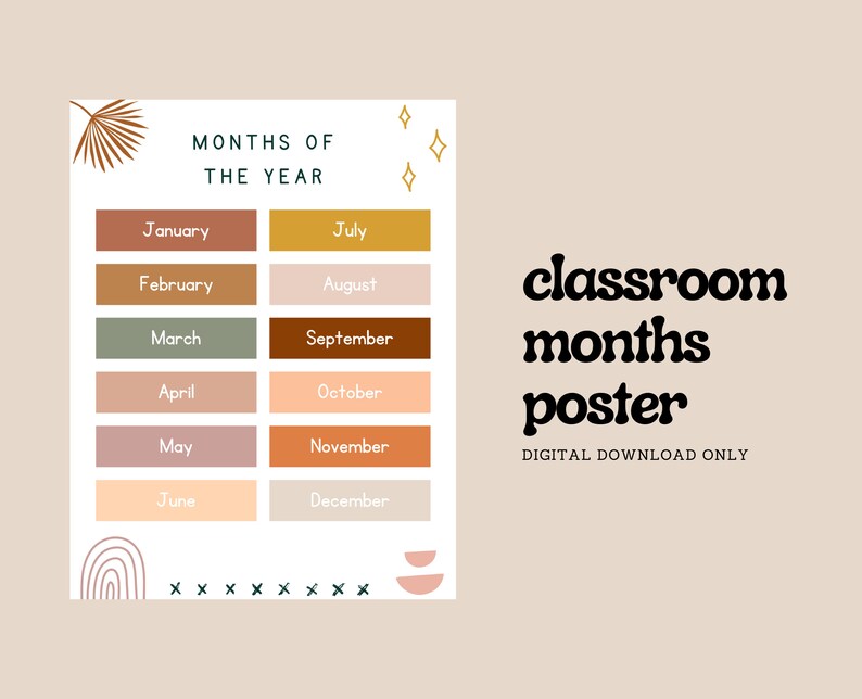 Digital Download Classroom Months of the Year Poster Boho Months of the ...