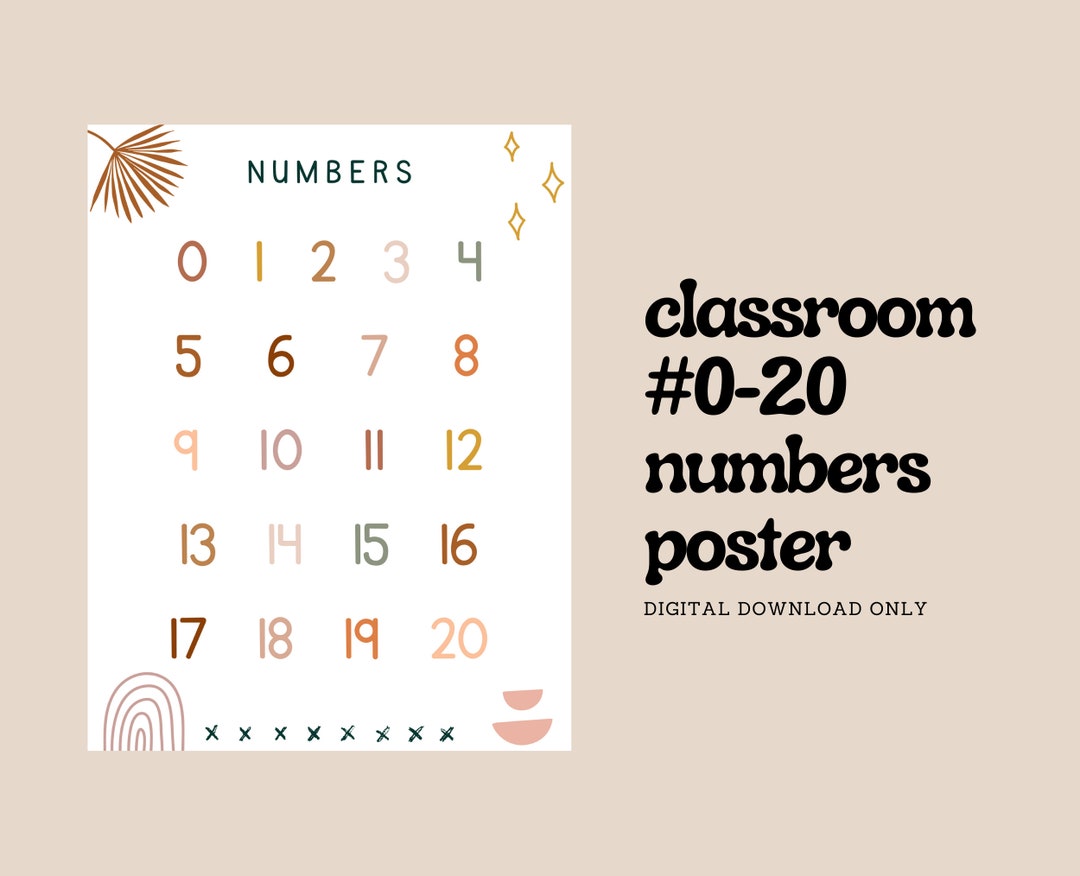 Digital Download Numbers Poster | 0-20 Numbers Poster | Boho Classroom ...