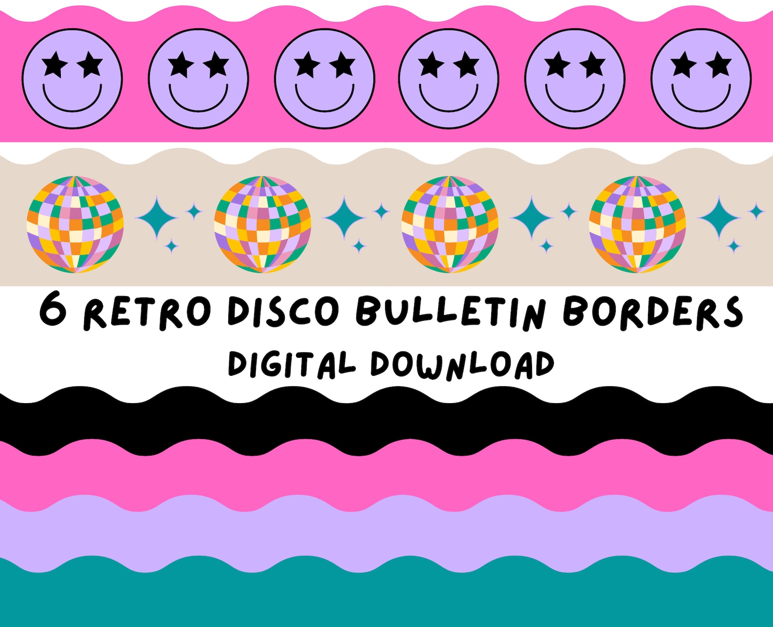 Printable Retro Disco Bulletin Borders | Trendy Bulletin Board | Smiley ...