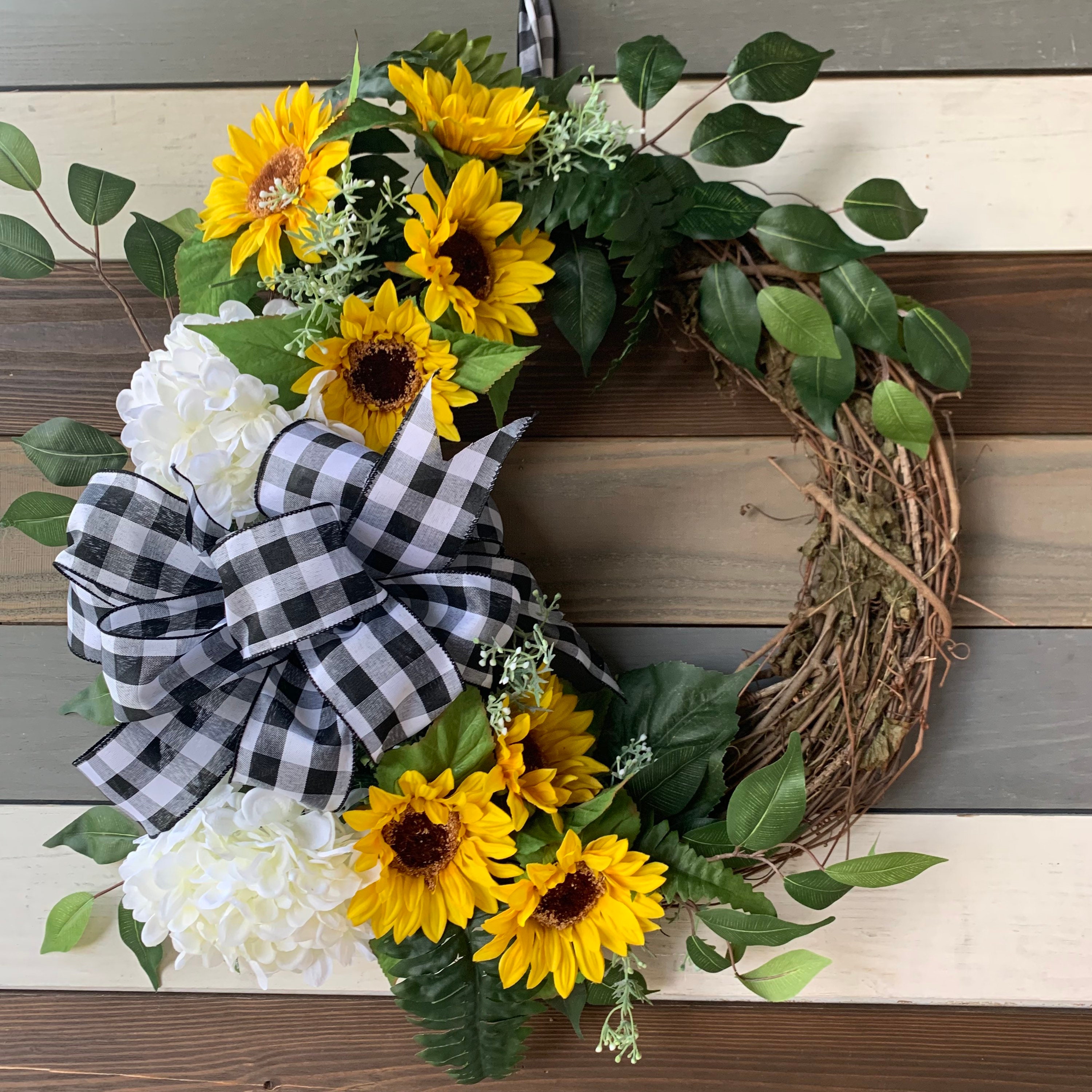 Front Door Wreath, Buffalo Plaid Wreath, Sunflower Wreath, Hydrangea ...