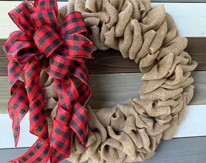 Buffalo Plaid Rustic Burlap Wreath, Burlap Wreath, Front Door Burlap ...