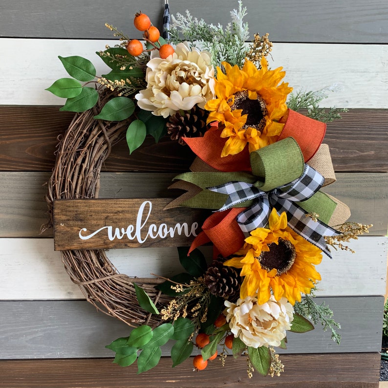 Fall Sunflower Welcome Wreath, Fall Wreath, Fall Farmhouse Wreath, Fall ...
