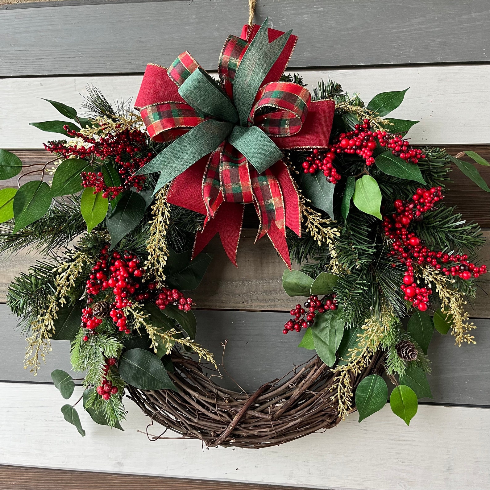 Christmas Wreath Red/green Plaid Christmas Wreath Pine - Etsy