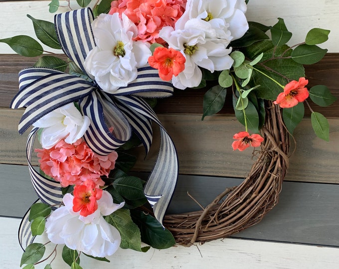 Spring Magnolia Wreath, Spring Hydrangea Wreath, Magnolia Wreath ...