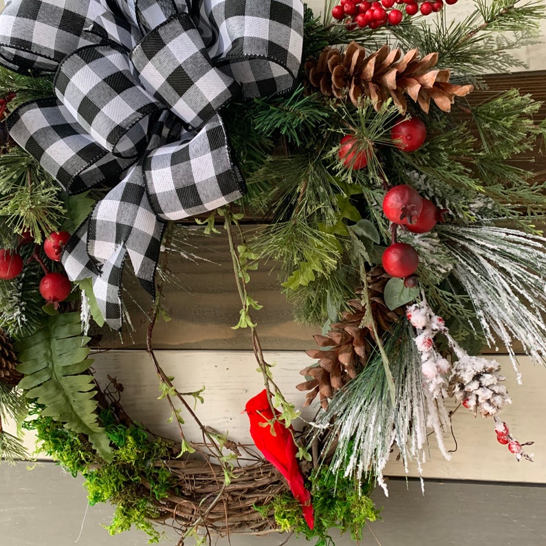Winter Wreath Buffalo Plaid Cardinal Christmas Wreath - Etsy