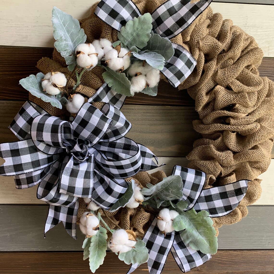 Buffalo Plaid Burlap Wreath, Cotton Wreath, Year Round Wreath, Burlap ...