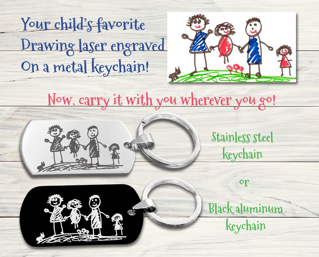 Your Kid's Art Drawing Engraved on A Keychain Child's Drawing Turned ...