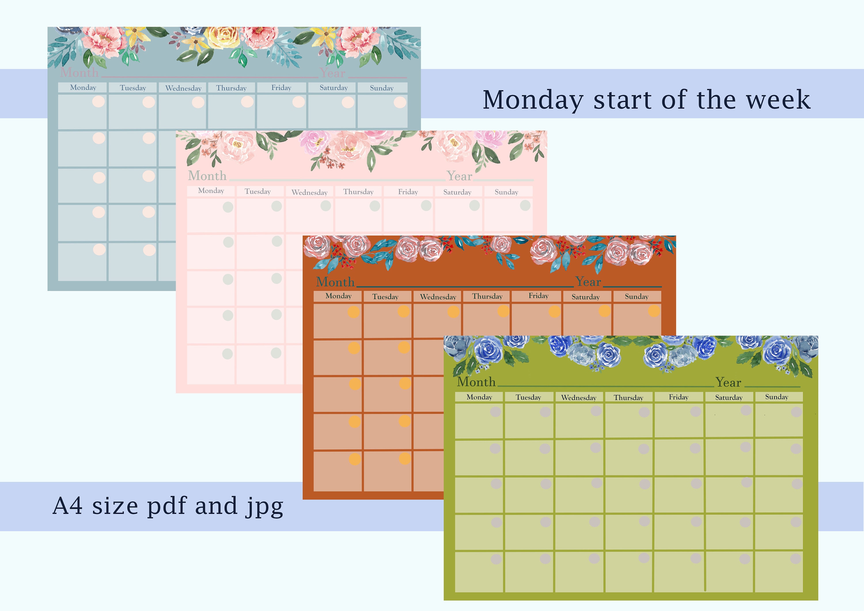 Autumn Floral Undated Monthly Calendar: A4 Printable (JPG & PDF) - Etsy