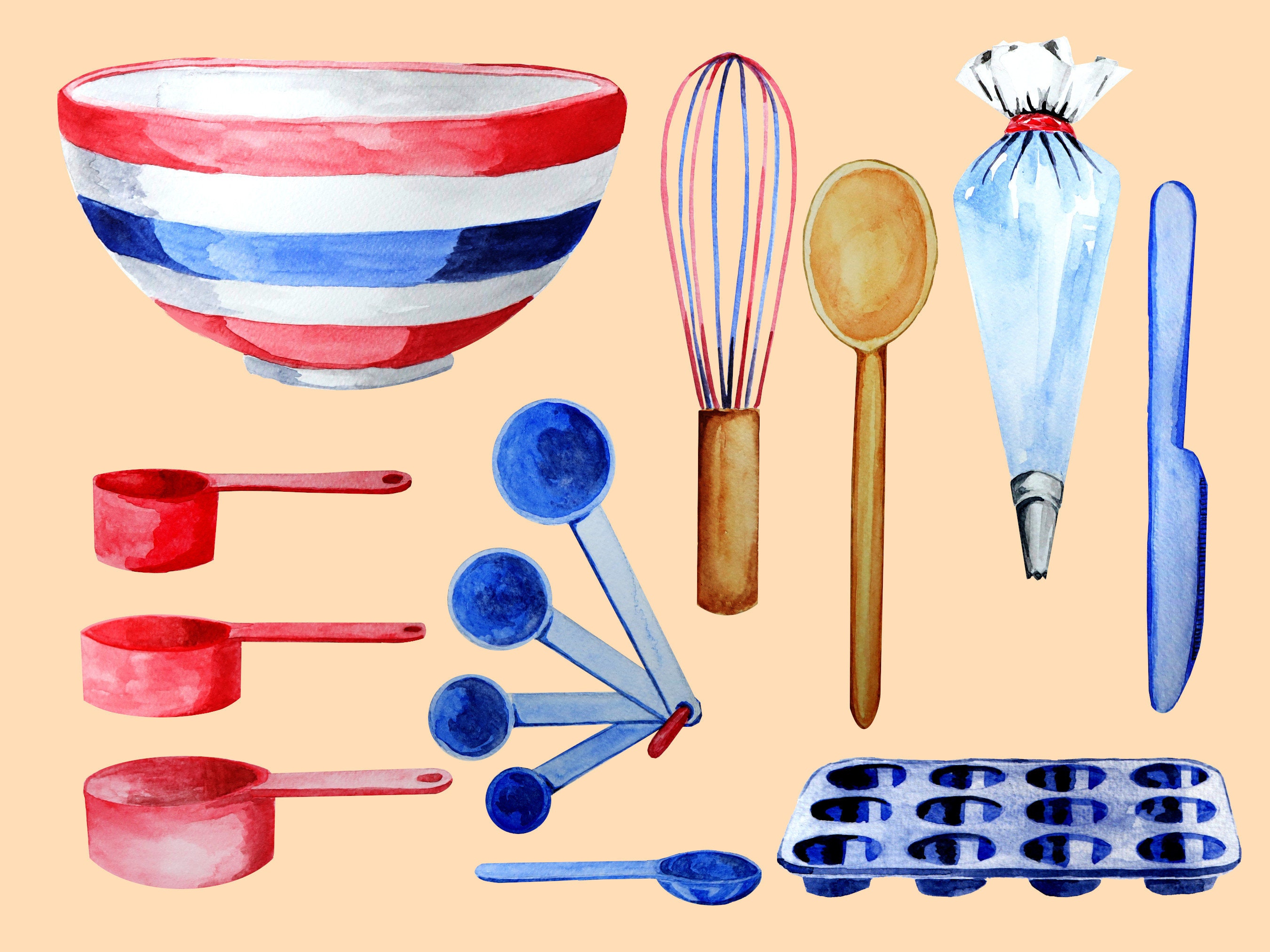 Watercolor Baking Clip Art Bundle in Red, White and Blue PNG Format - Etsy