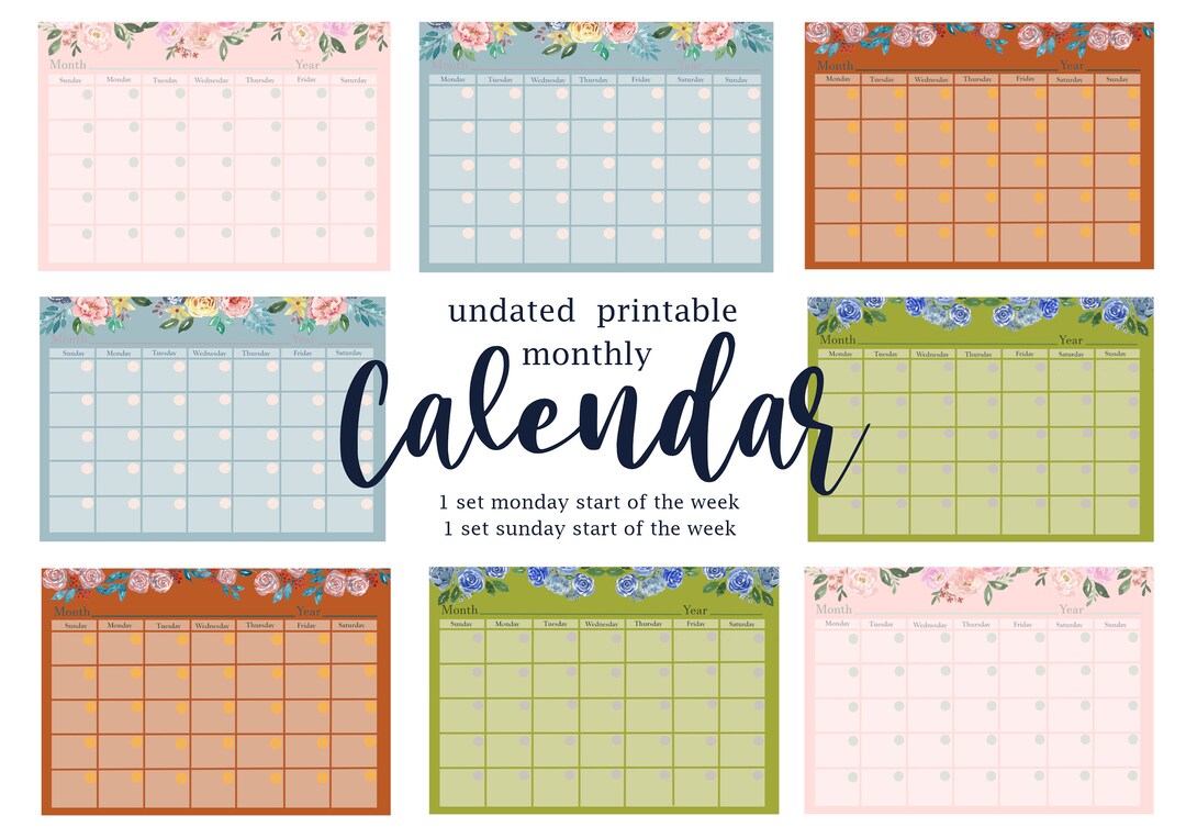 4 Autumn Fall Undated Monthly Calendar Designs Monday and Sunday Start ...