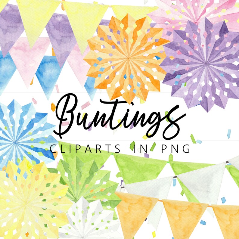 Watercolor Buntings PNG Clip Art, Instant Download, Printable, Clear ...