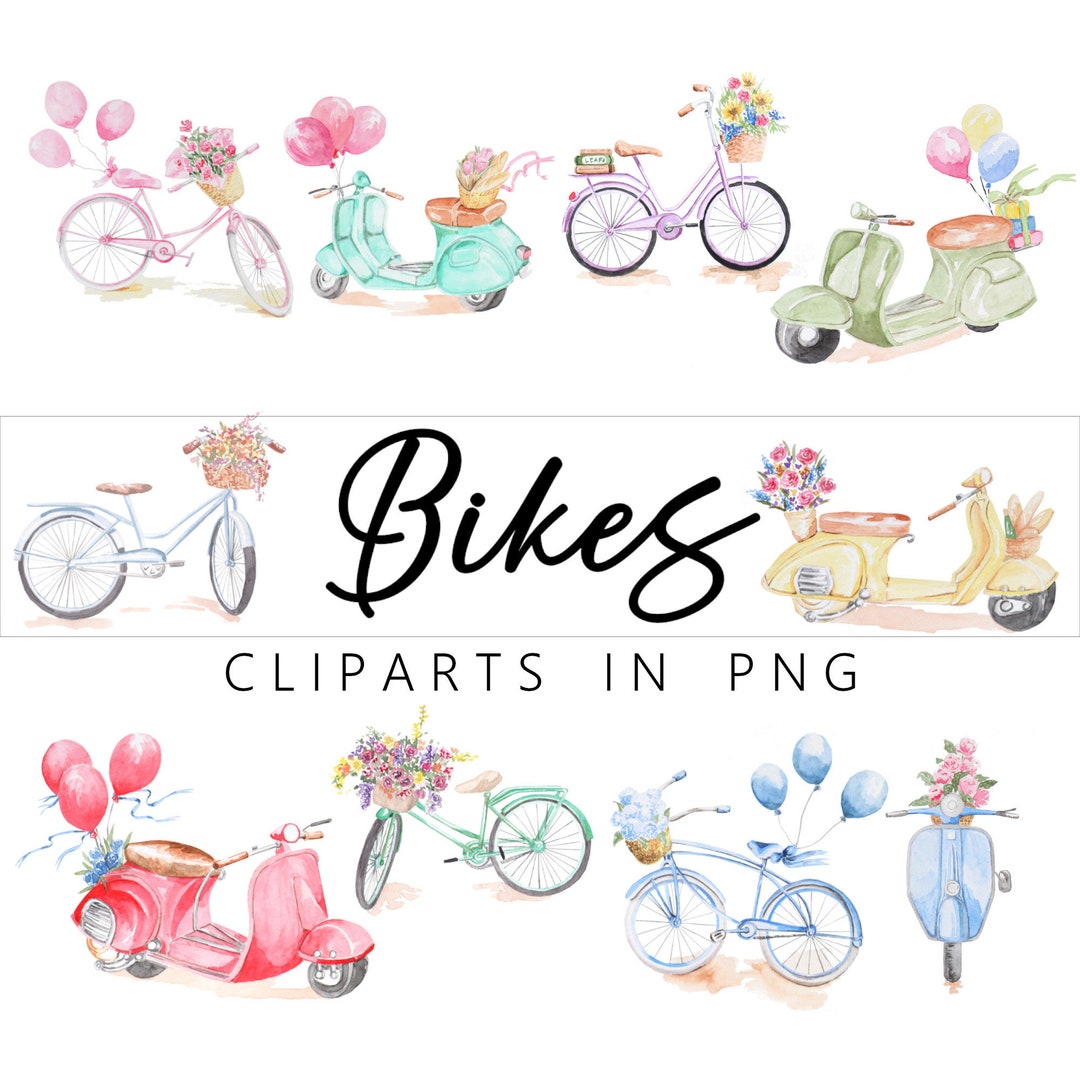 10 Watercolor Bikes PNG Clip Art With Florals, Balloons, and Gifts ...