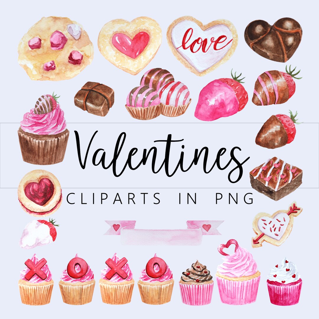 Watercolor Valentine's Treats Clip Art: Cupcakes, Cookies, Strawberries ...