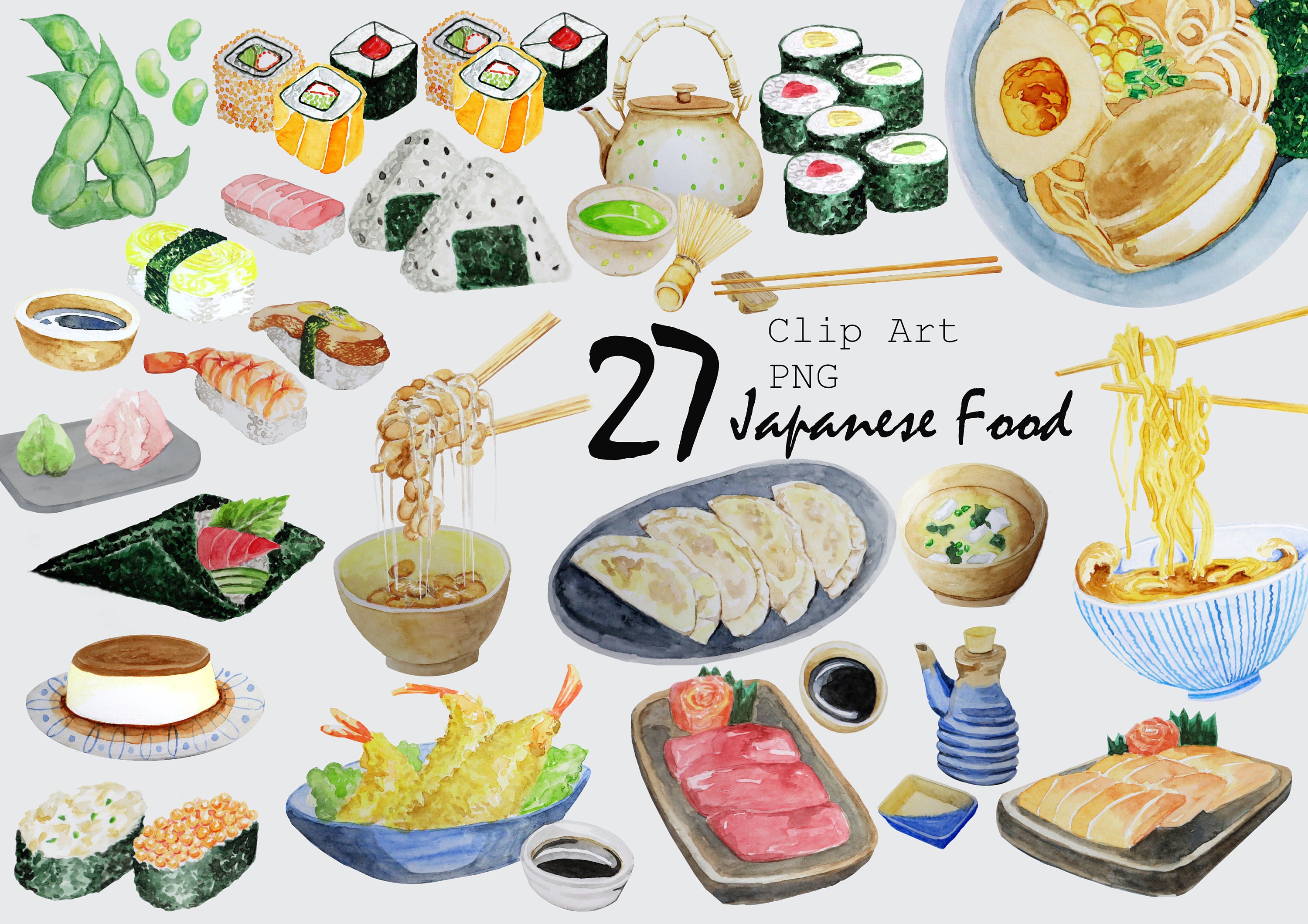 27 Japanese Food Clip Art. PNG in watercolour. 300ppi. Instant | Etsy