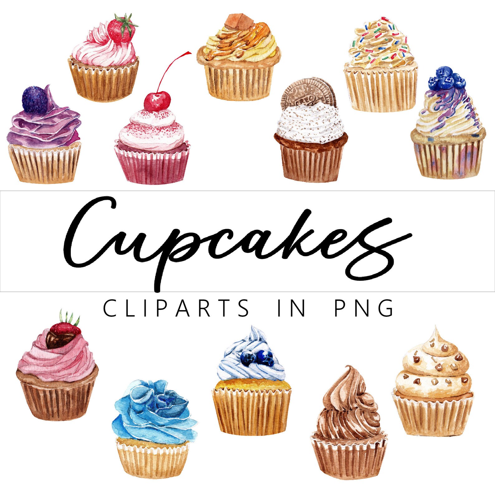 12 Watercolor Cupcakes in PNG Clip Art, Food Art, Instant Download ...