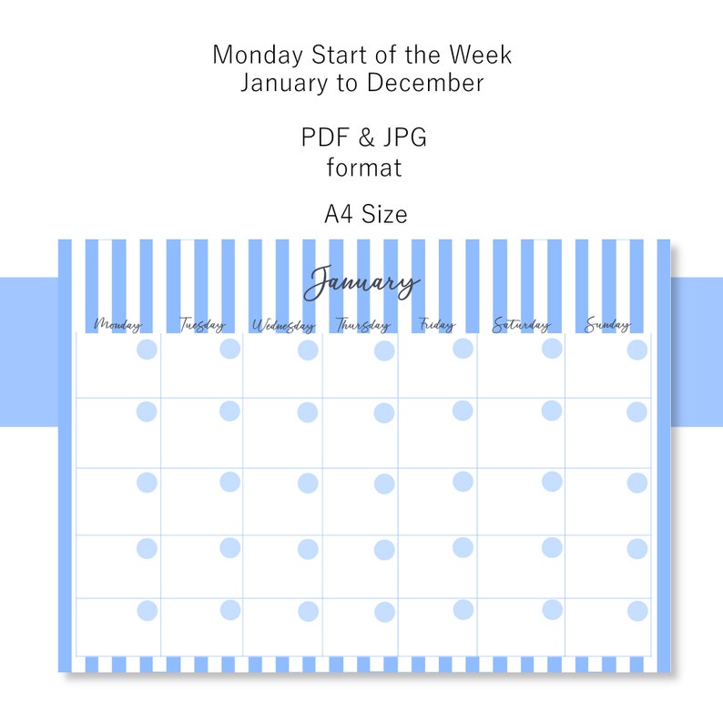 Blue Striped Undated Monthly Calendar: Monday & Sunday Start (JPG, PDF ...