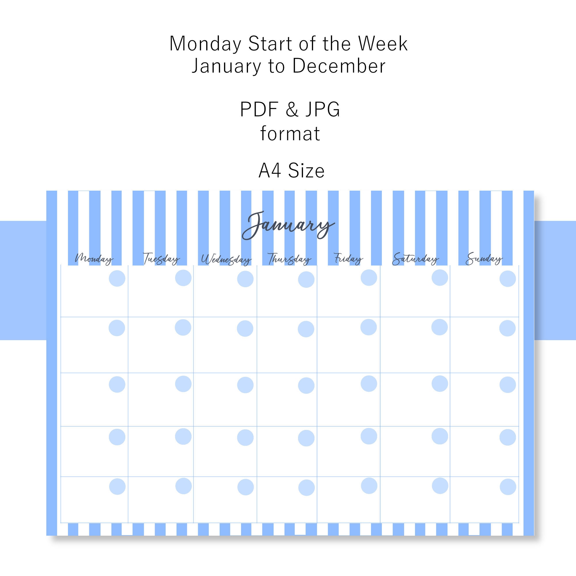 Blue Striped Undated Monthly Calendar: Monday & Sunday Start (JPG, PDF ...