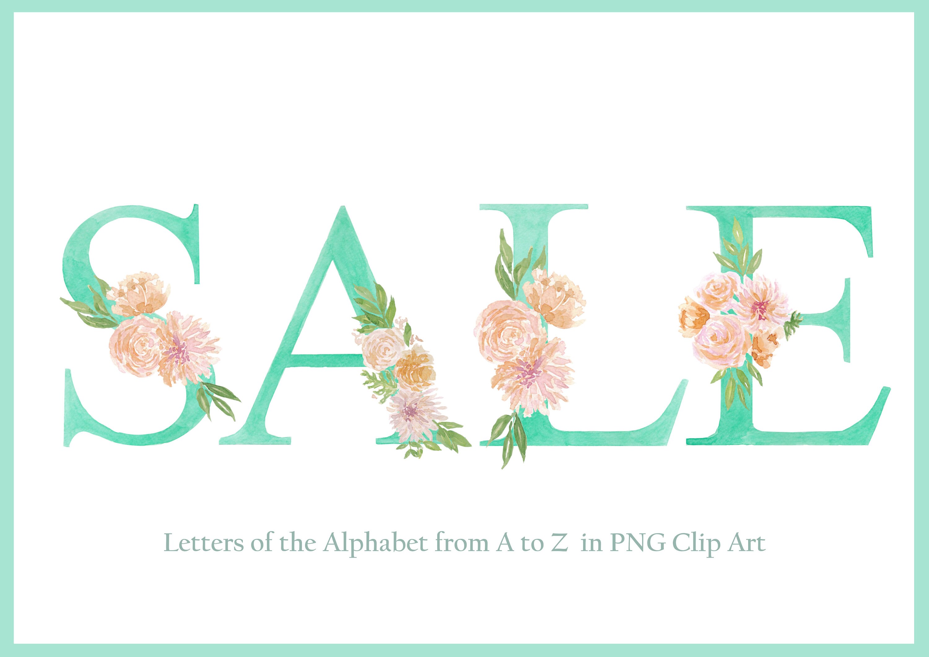 Floral Watercolor Letters Clip Art: Mint Green Alphabet (digital ...