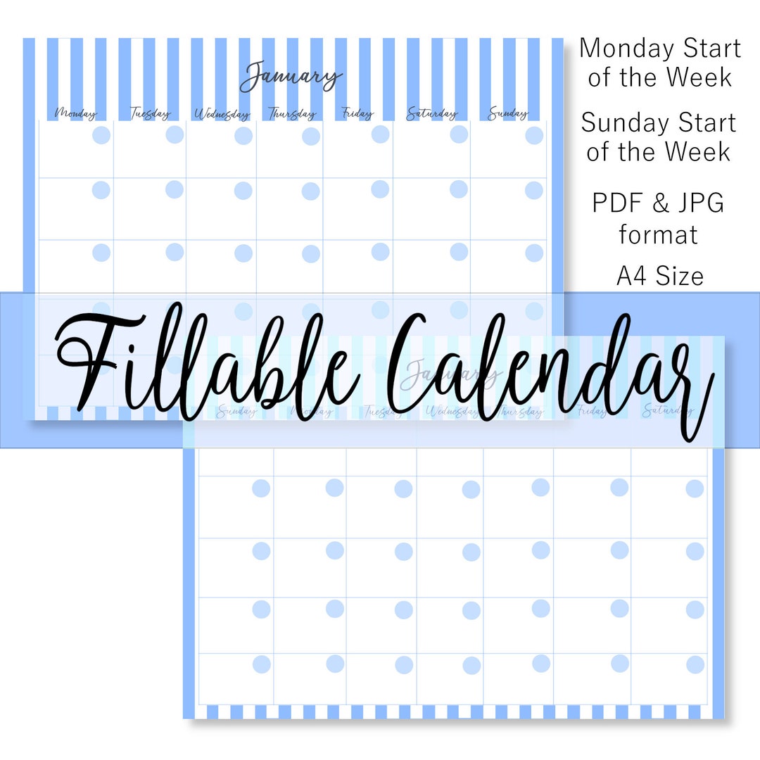 Blue Striped Undated Monthly Calendar: Monday & Sunday Start (JPG, PDF ...