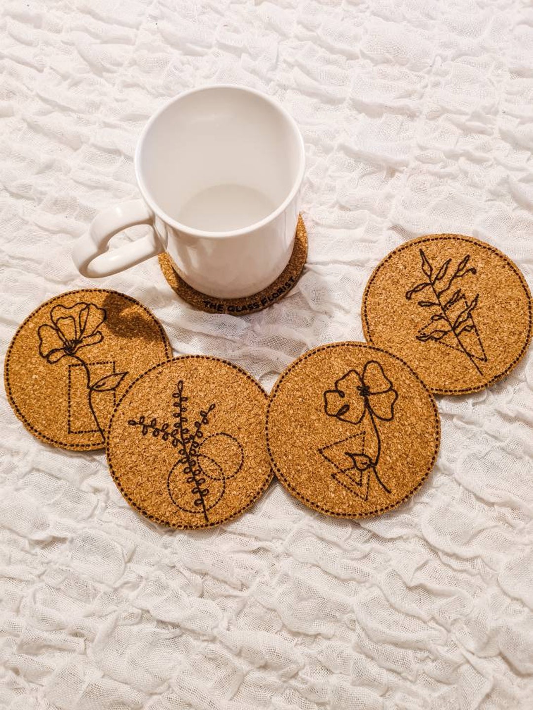 Cork Coasters, Round Set of Four Pieces Botanical Floral Nature Design ...