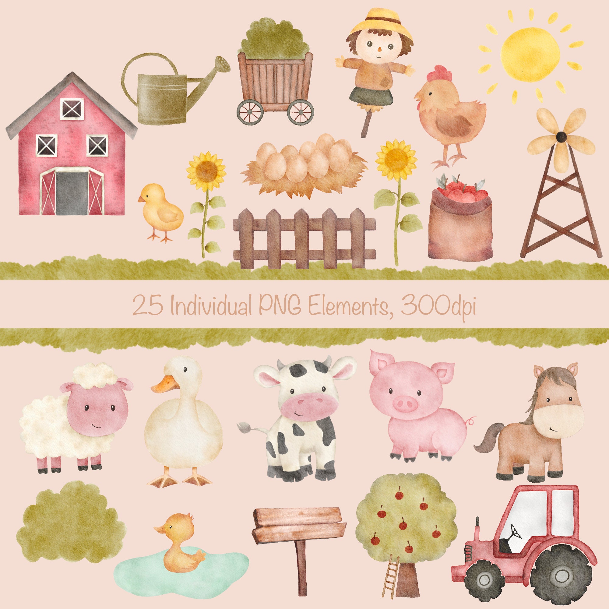 Cute Farm Clipart, Watercolor Farmyard Animals, Digital PNG File With ...
