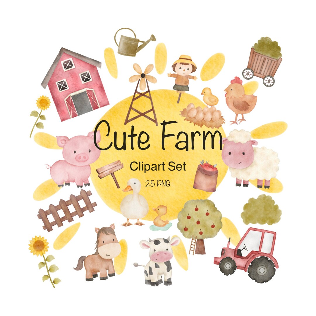 Cute Farm Clipart, Watercolor Farmyard Animals, Digital PNG File With ...