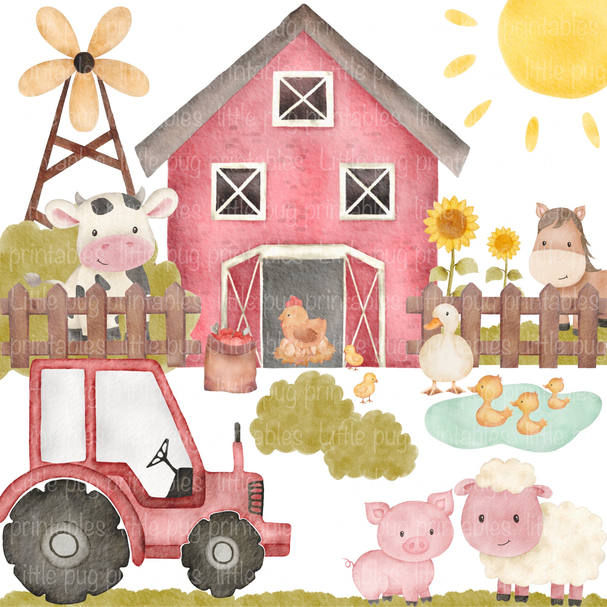 Cute Farm Clipart, Watercolor Farmyard Animals, Digital PNG File With ...