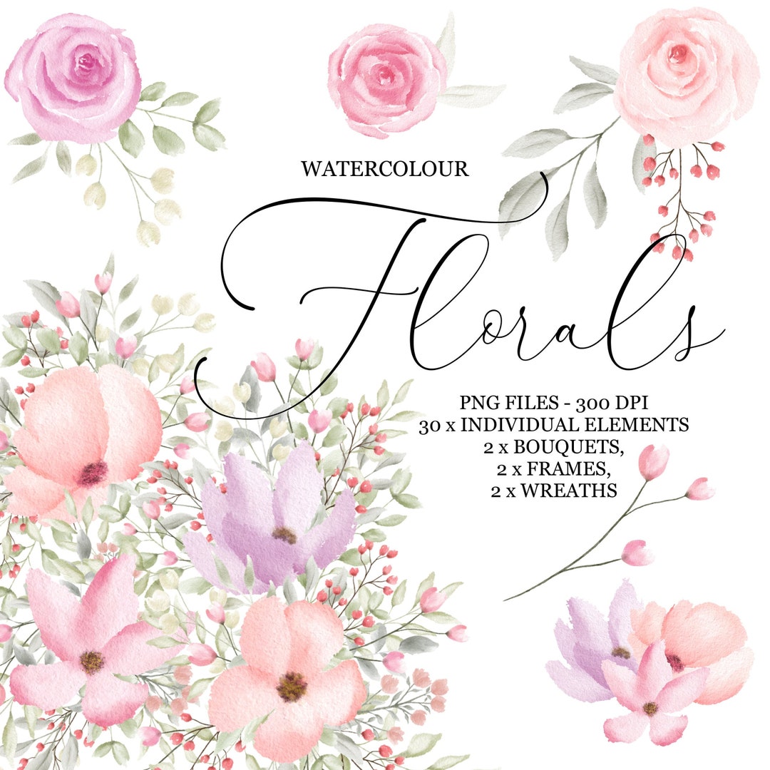 Watercolour Floral Clipart, Elements, Floral Arrangements, Wreaths ...