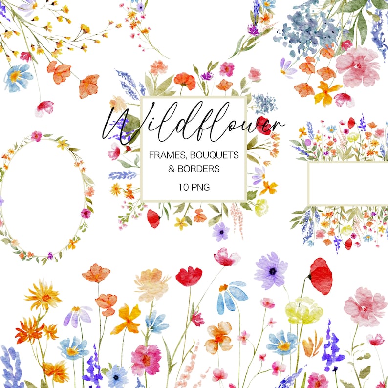 Watercolour Wildflower Floral Frames Bouquets Border Clipart PNG, Instant Digital Download PNG ...