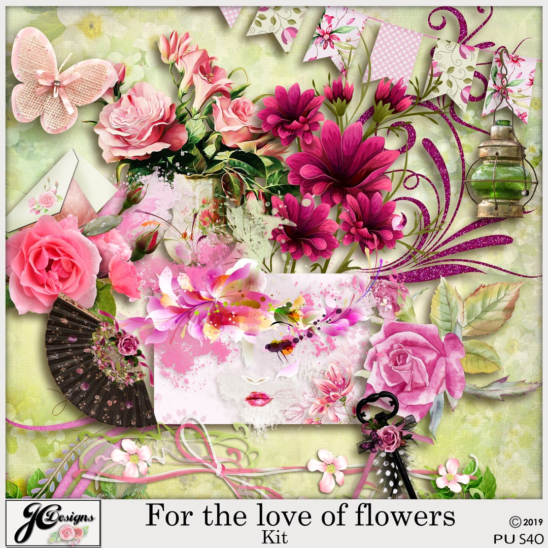 Digital Scrapbook Kit, for the Love of Flowers, 12x12, 300dpi, Digital ...