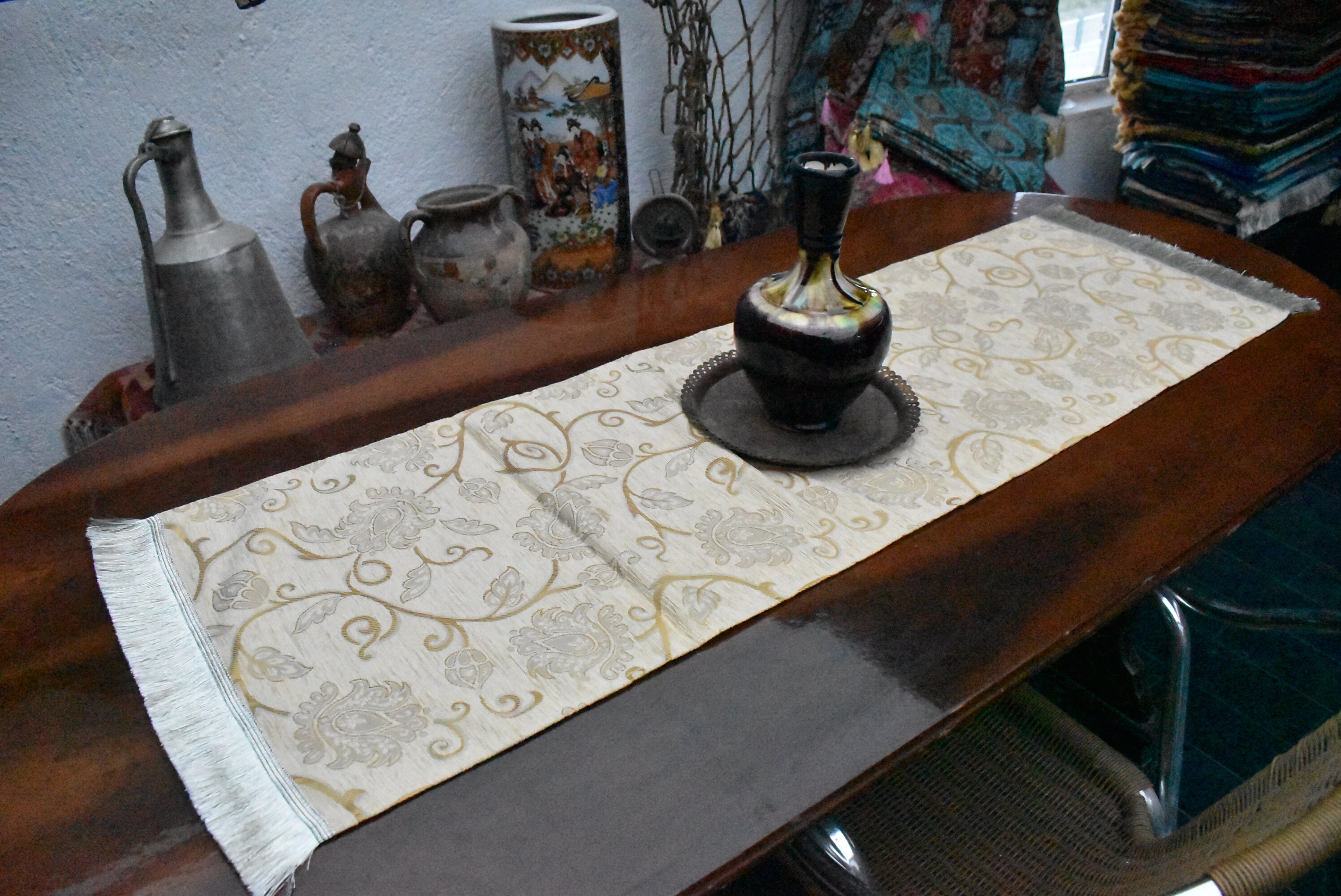 Oriental Table Runner Cream Color Chenille Fabric Decorative Table ...