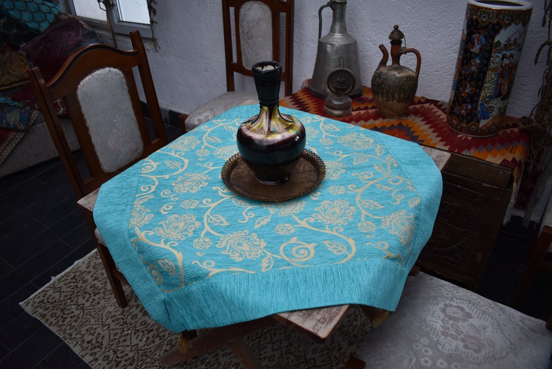 Floral Pattern Turquoise Color Table Cloth Turkish Chenille Fabric ...