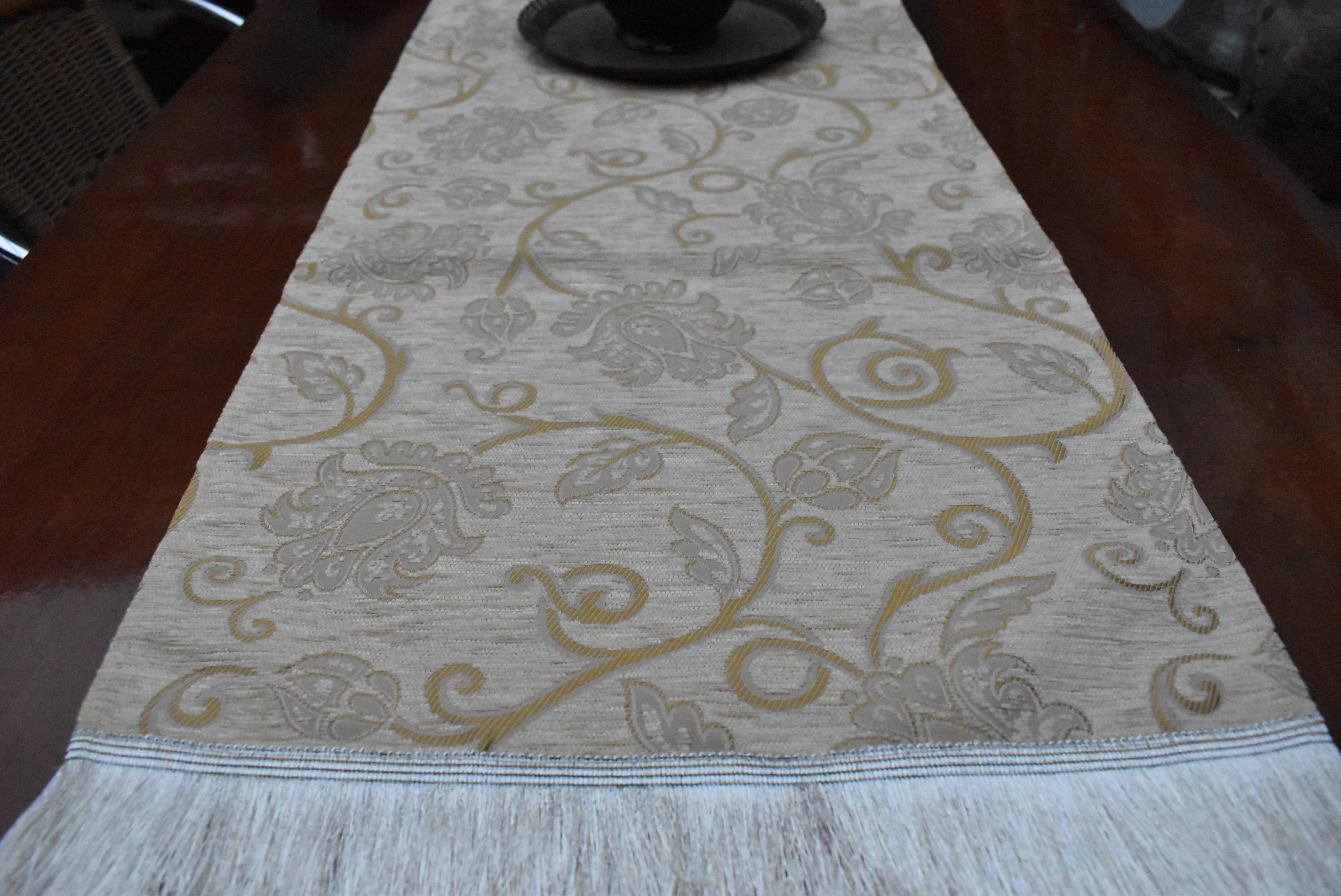 Oriental Table Runner Cream Color Chenille Fabric Decorative Table ...