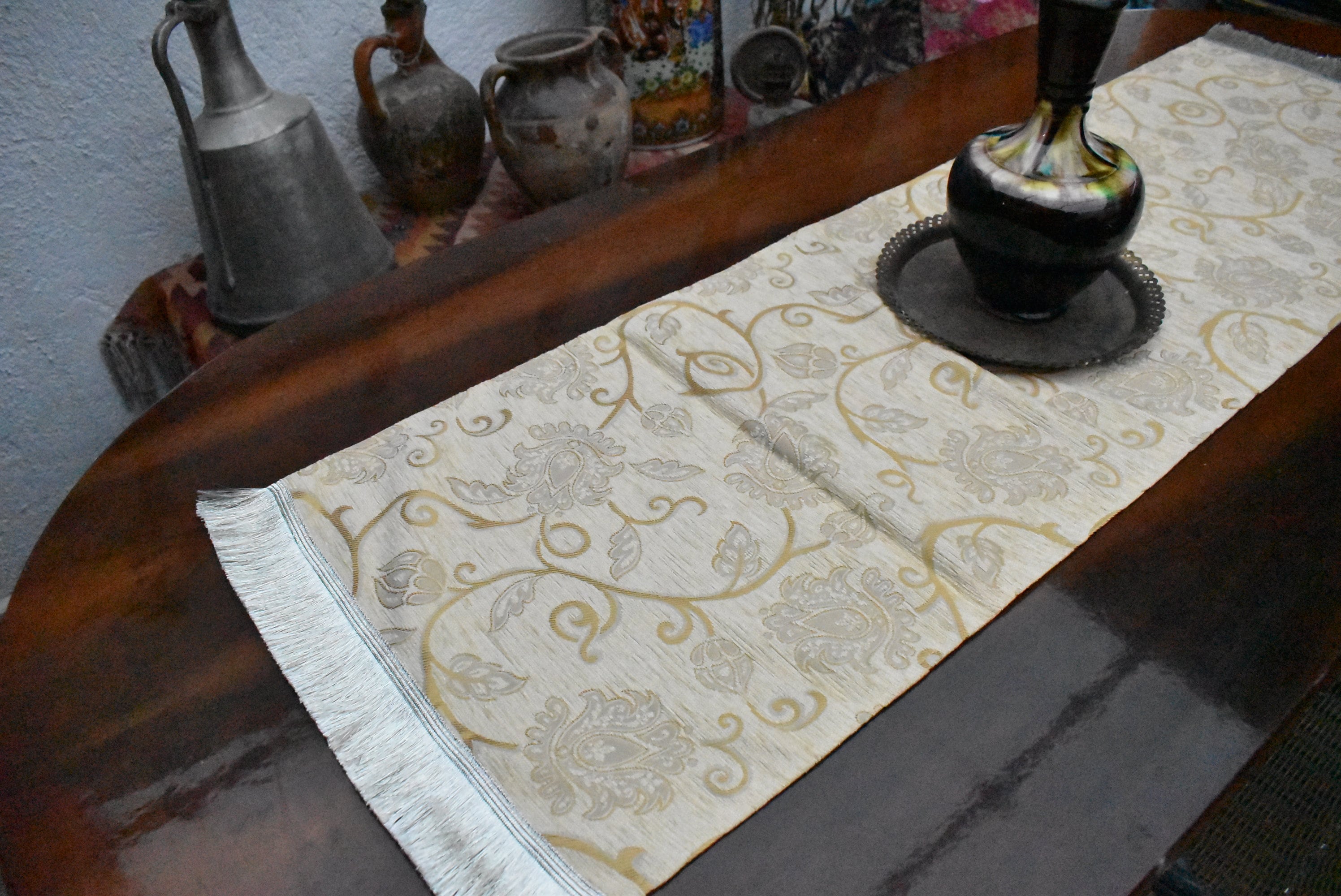 Oriental Table Runner Cream Color Chenille Fabric Decorative Table ...