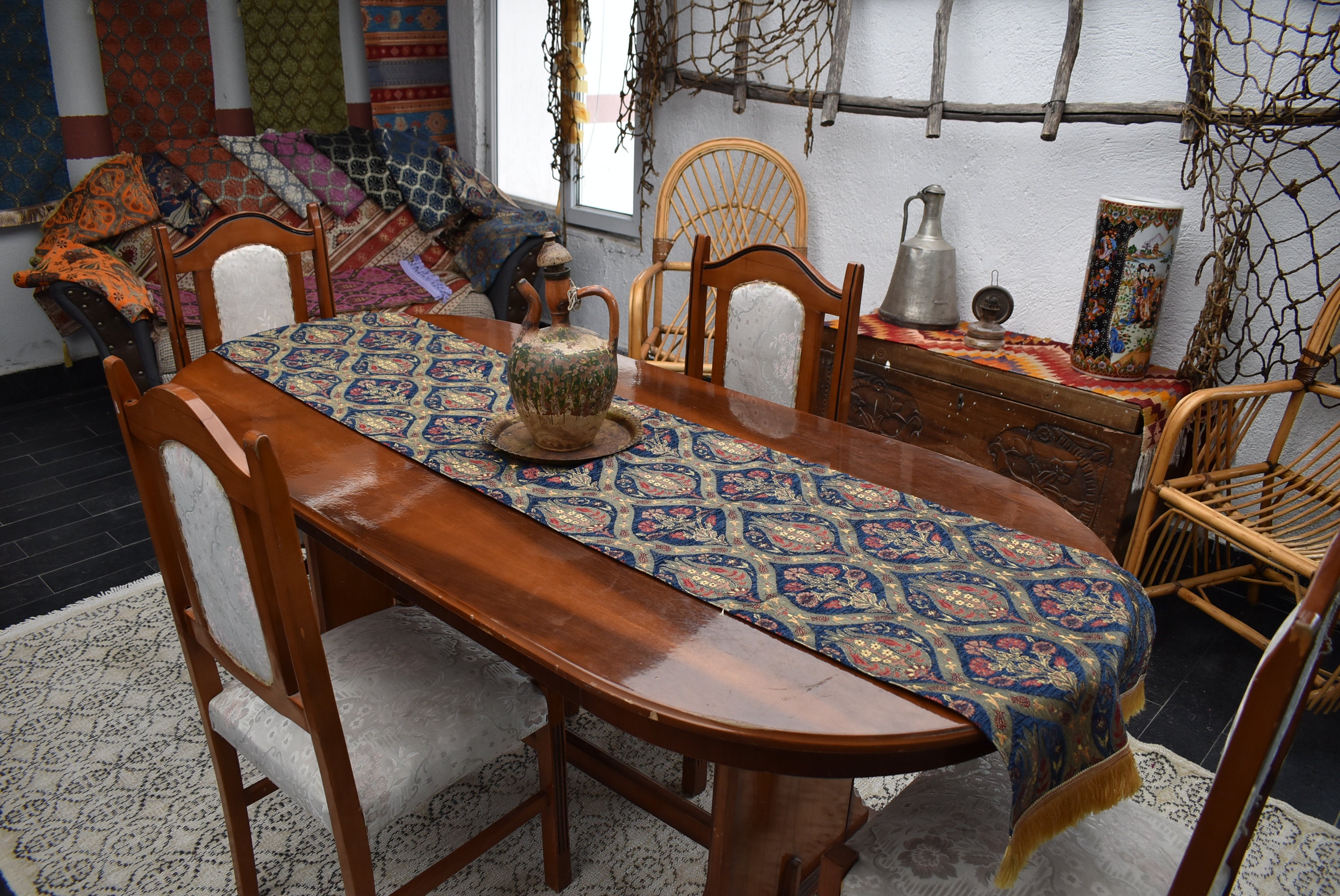 Navy Blue Color Turkish Designer Table Runner Tulip Design End - Etsy