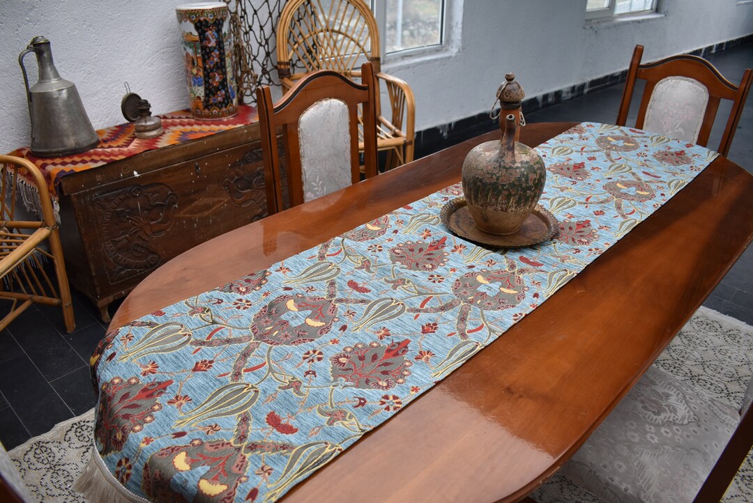 Pastel Blue Color Table Runner Home Decor Boho Table Runner Chenille ...
