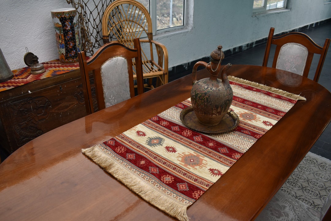 Turkish Kilim Pattern Chenille Fabric Table Runner 17 Inch X 42 Inch ...